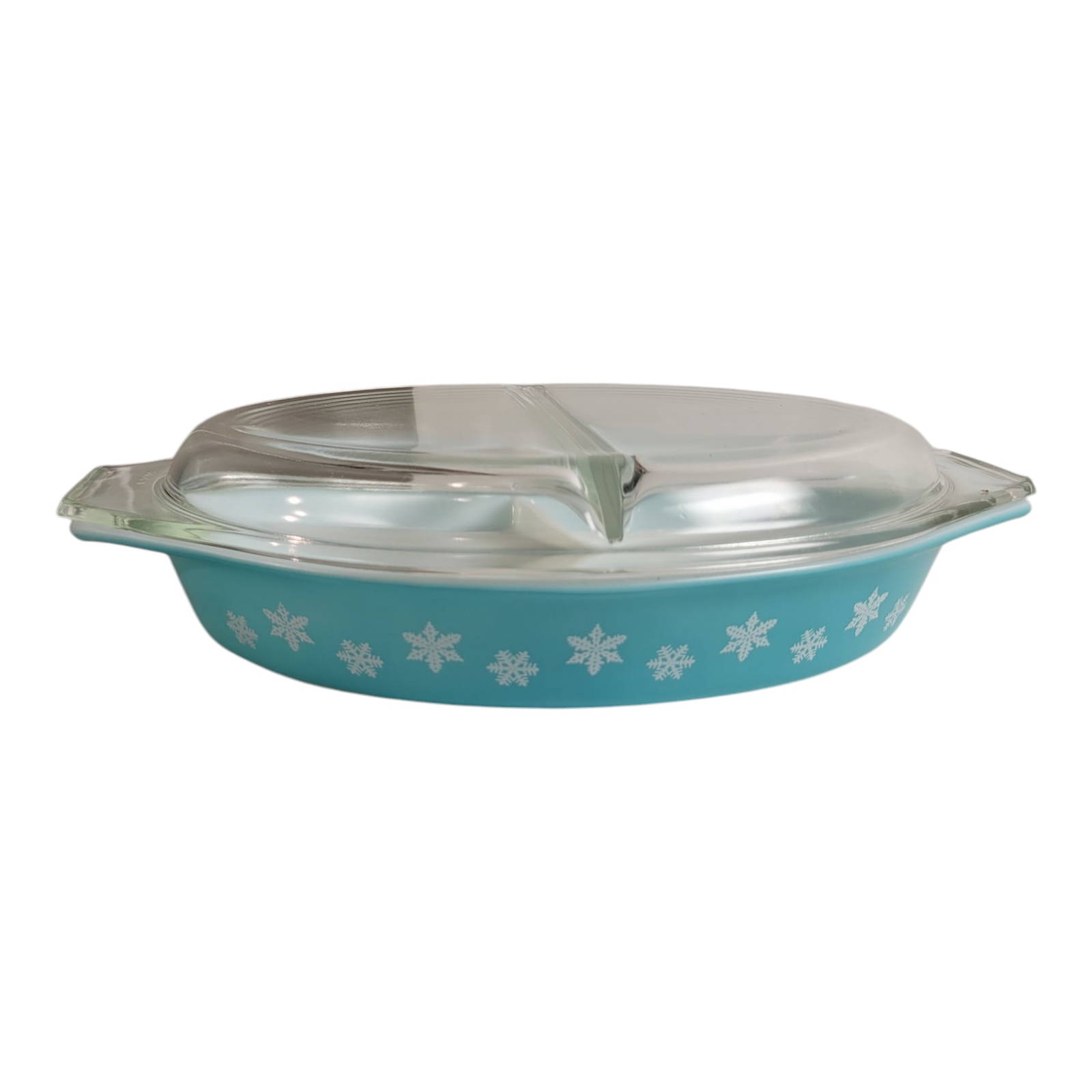 Pyrex Divided Turquoise Snowflake Dish W/ Lid Auction