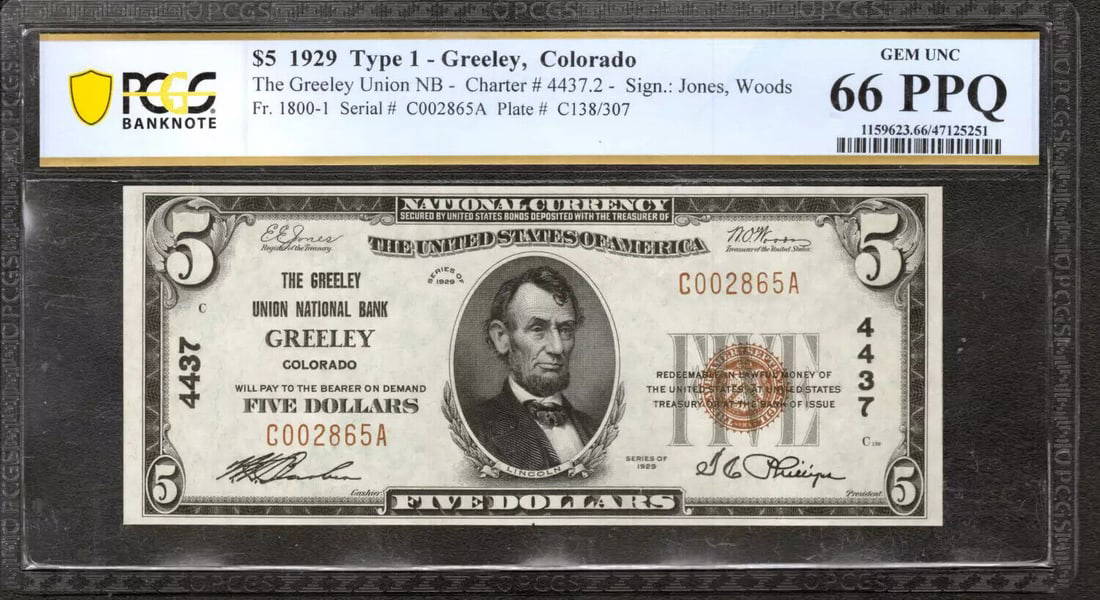 1929 $5 Greeley Union National Bank Note Currency Colorado Pcgs B Gem ...