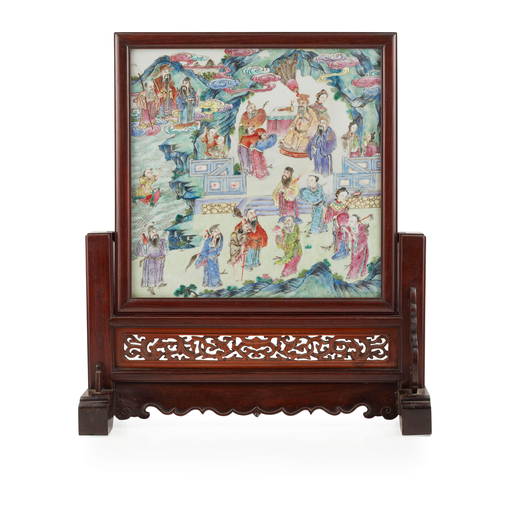 Famille Rose Porcelain Plaque Inset Hardwood Table