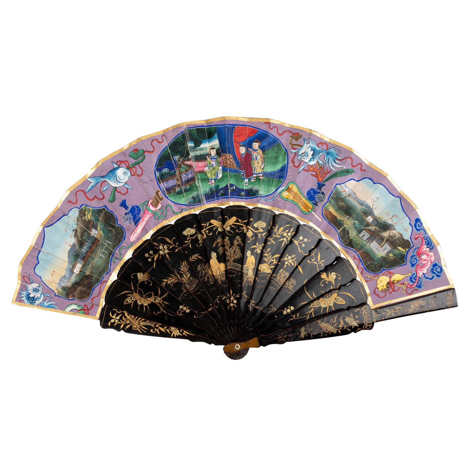 Canton Lacquered And Paper 'landscape' Fan Qing Dynasty, 19th Century