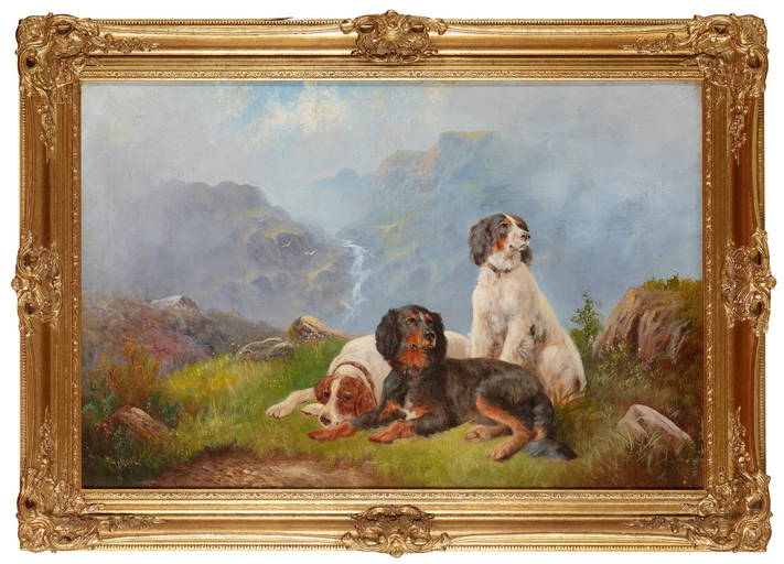 WILLIAM PERRING HOLLYER (BRITISH 1834-1922) GUNDOGS ON A ROCKY HILLSIDE ...