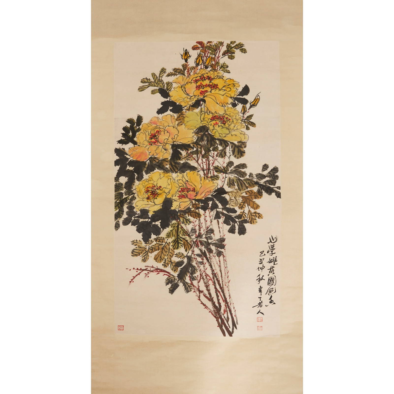 Chen Banding (1876-1970) Ink Scroll Painting Of Yellow Peonies Auction