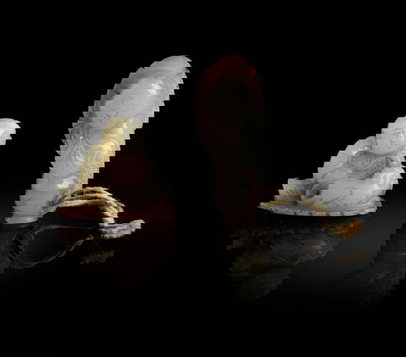 Two Pale Celadon Jade With Russet Skin Carvings Of Boy At Play