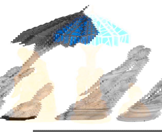 Stained Glass And Alabaster Table Lamp And Figural Statues