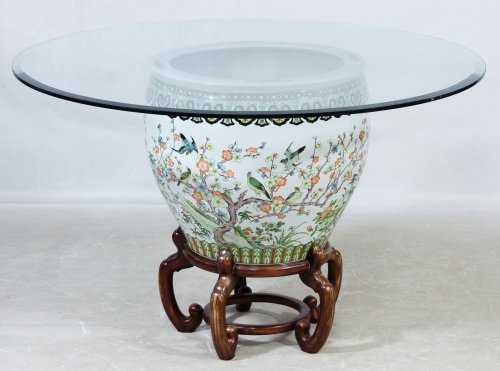 Asian Style Fish Bowl and Glass Top Coffee Table