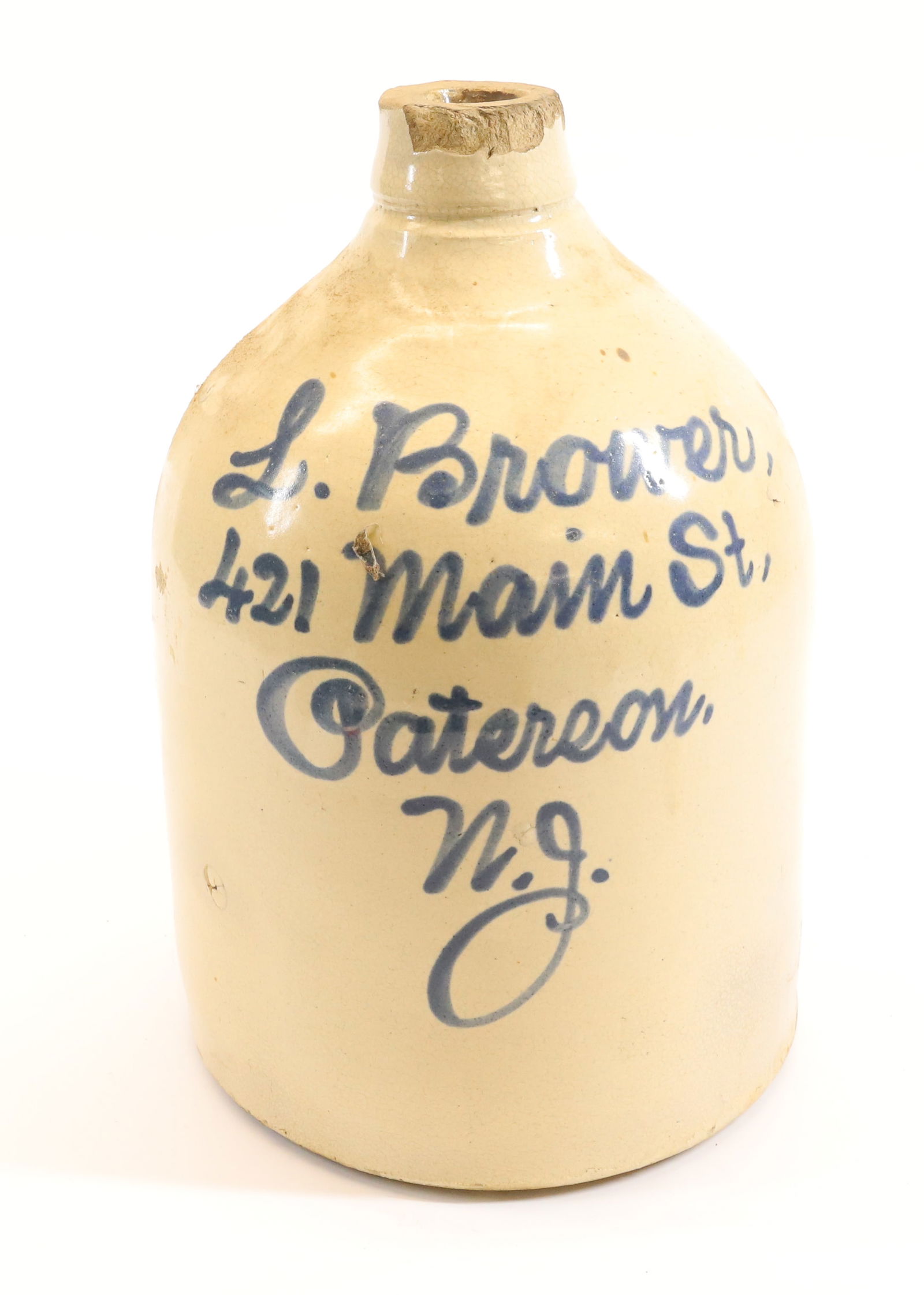 Blue Decorated Paterson, Nj Advertising Jug Auction