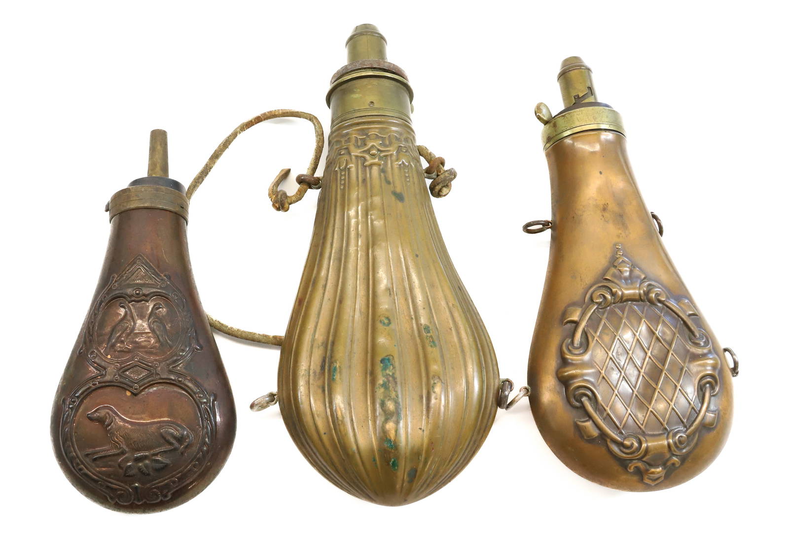 (3) Brass Powder Flasks Auction