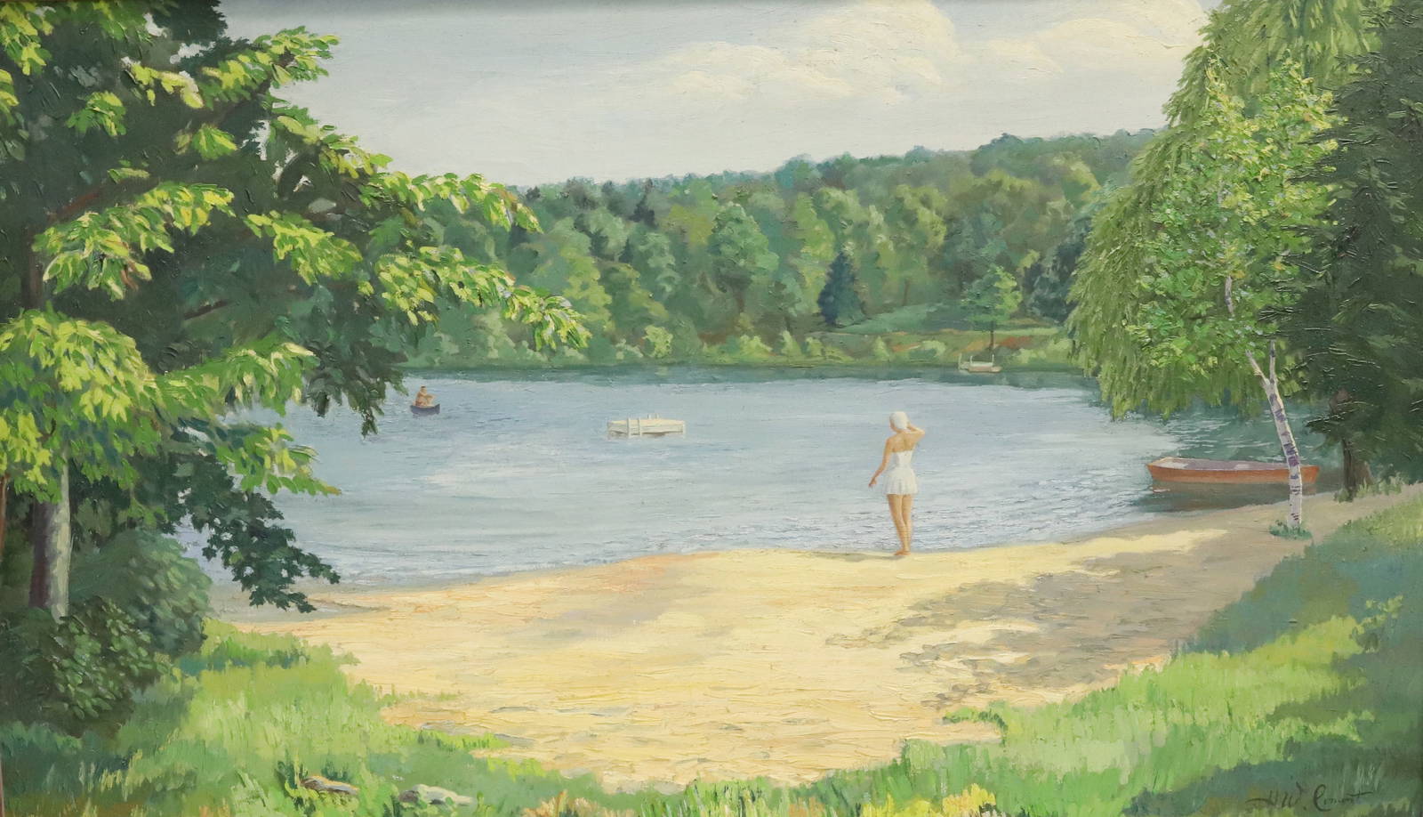 Vintage Lake Scene, Oil On Canvas Painting Auction