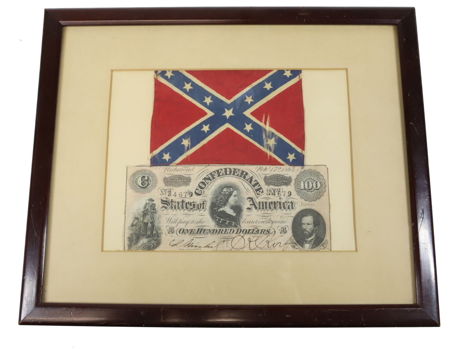 Framed Confederate Flag And Confederate Paper 100 Dollar Bill Auction