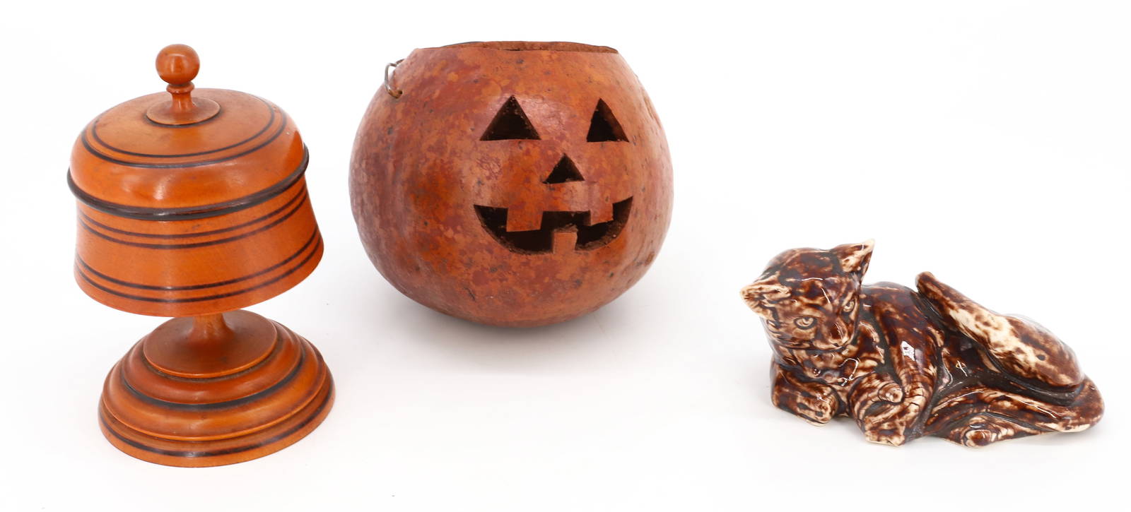 Pottery Cat Bank And Treenware Container Auction