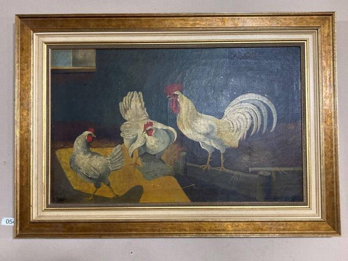 Rooster And Two Hens By G. Siegel Oil On Canvas