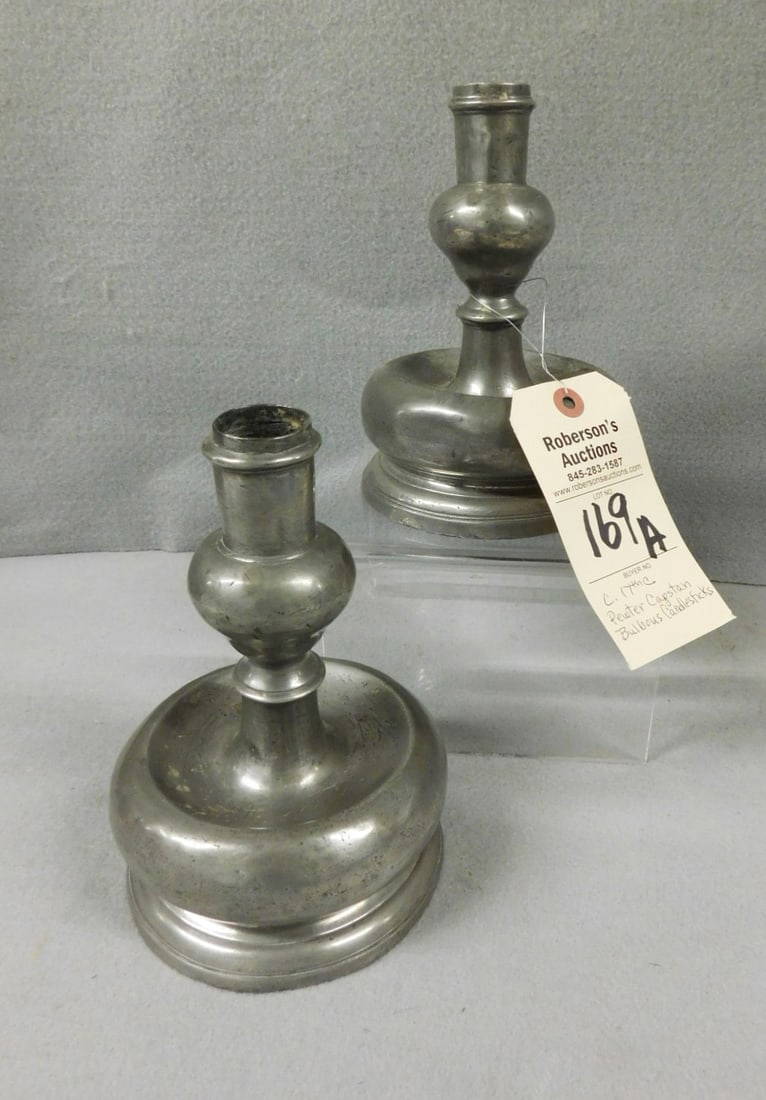 Pr. 17thc. Bulbous Pewter Candlesticks Auction