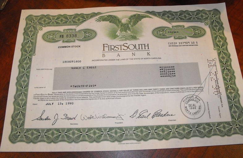 First South Bank Stock Certificate