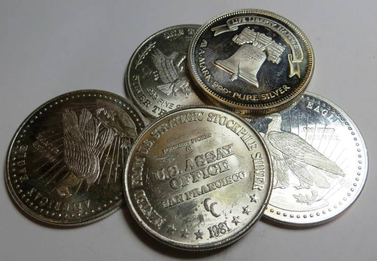 (5) 1 Oz. Silver Bullion Rounds Mixed