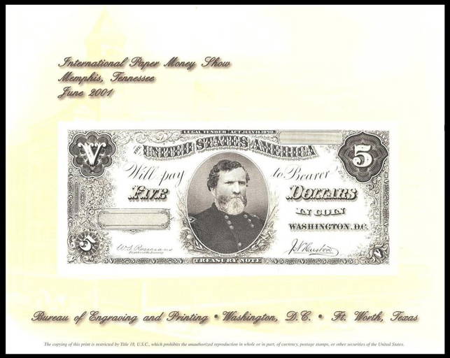 2001 Boe Engraving $5 Treasury Note Military Cameo