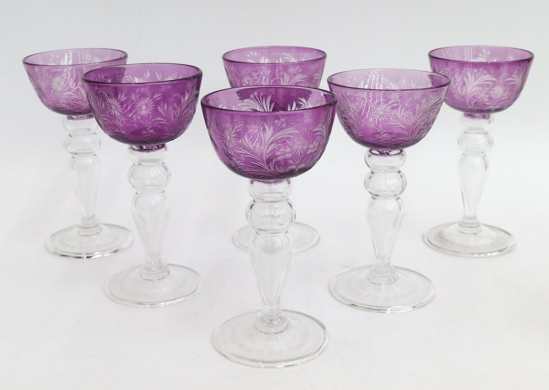 6 Carder Steuben Engraved Cut Glass Wine Goblets In Amethyst #6505 Auction