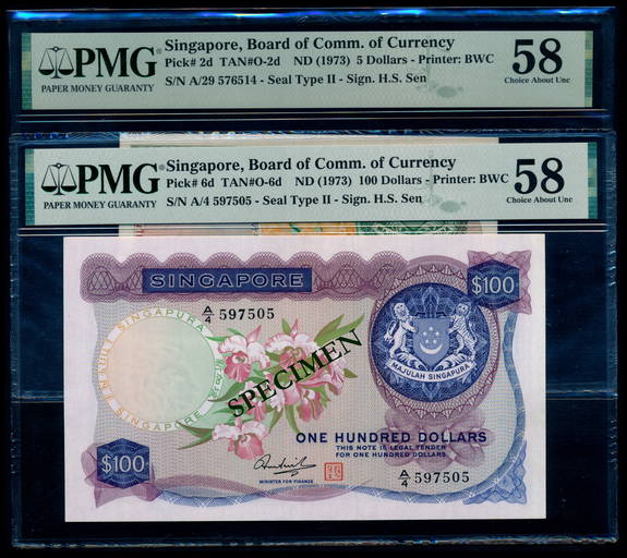 2 Singapore $5 $100 1973 Hss W/seal Pmg