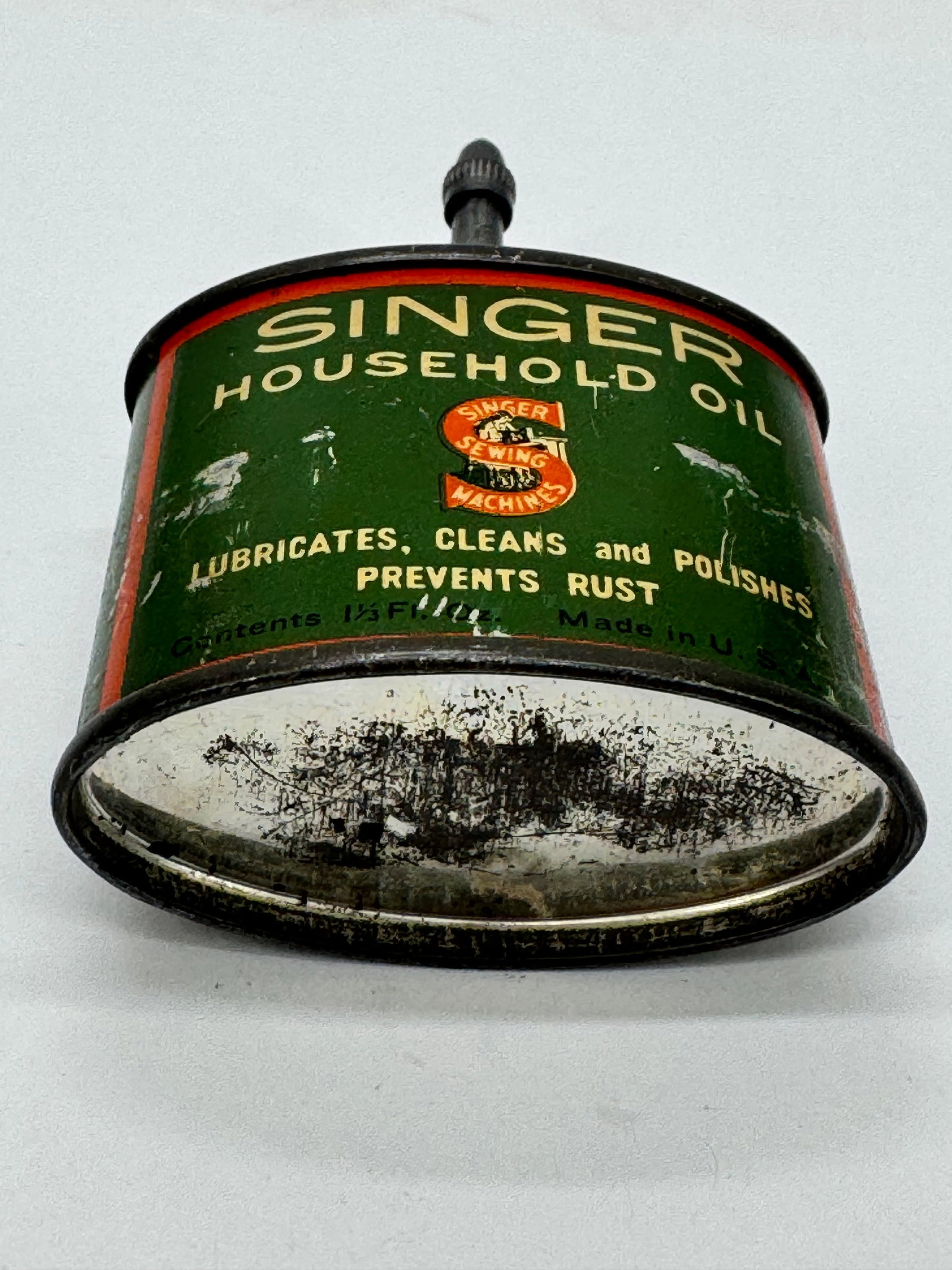 Vintage Singer Household Oil Tin Oiler Lead Top Green Red Can Auction