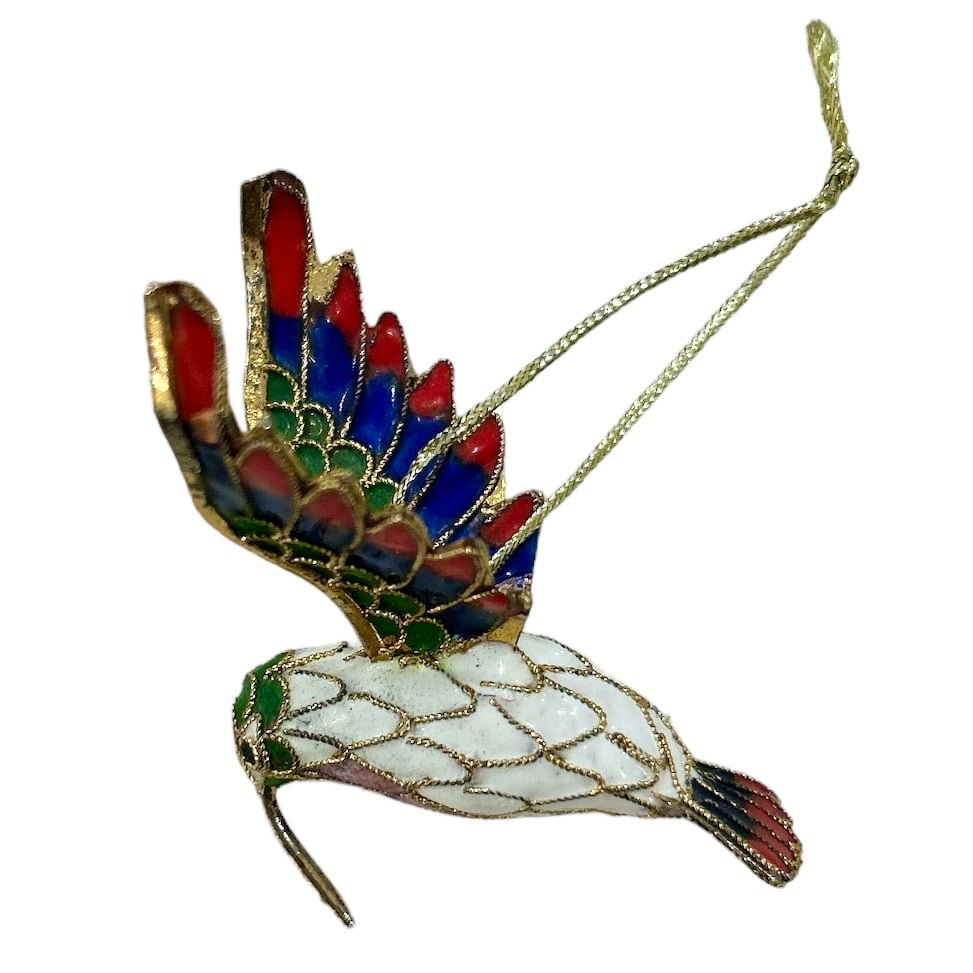 Rare Vintage White Bodied Cloisonne 22k Gilded Hummingbird Ornament