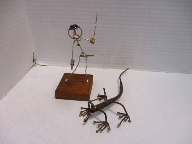 2 Metal Figurines, Copper Gecko 7'' Long And 6'' Tall Metal Man With ...
