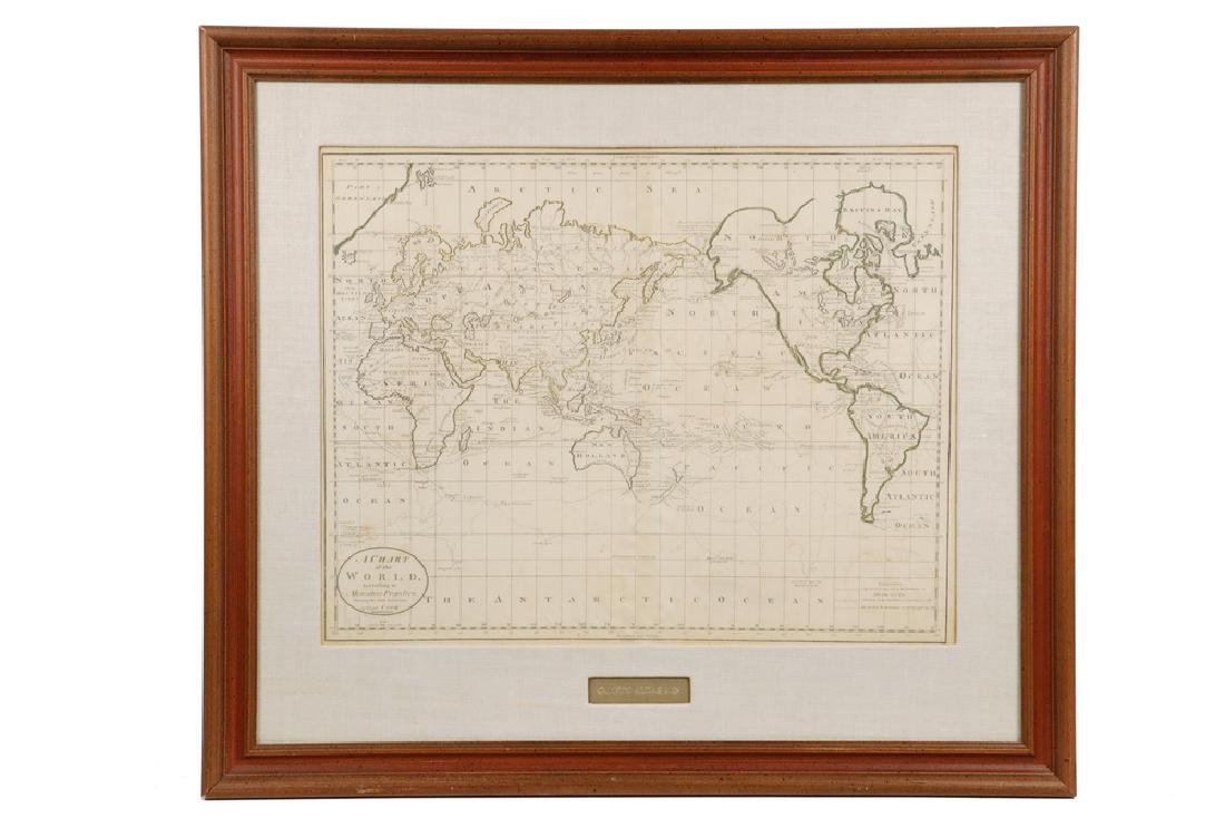 FRAMED MAP OF THE WORLD FROM CAREY'S ATLAS OF 1795,