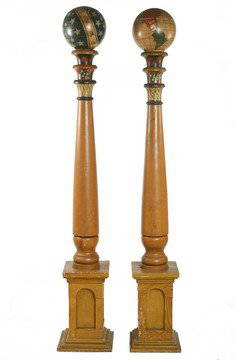 Pr Masonic Lodge Columns Wood Painted Globes