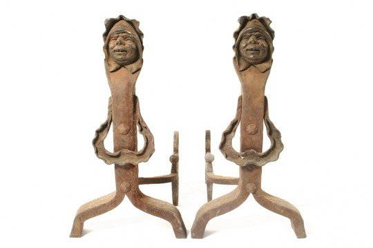 Pr Arts & Crafts Andirons Cast Iron Man's Face