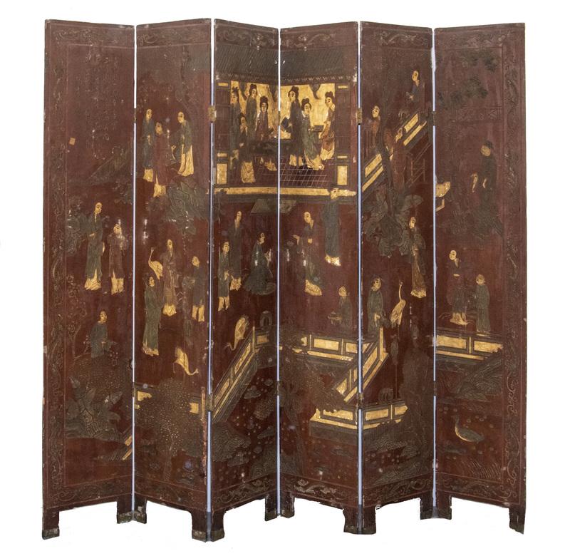 Chinese Six Panel Coromandel Red Folding Screen