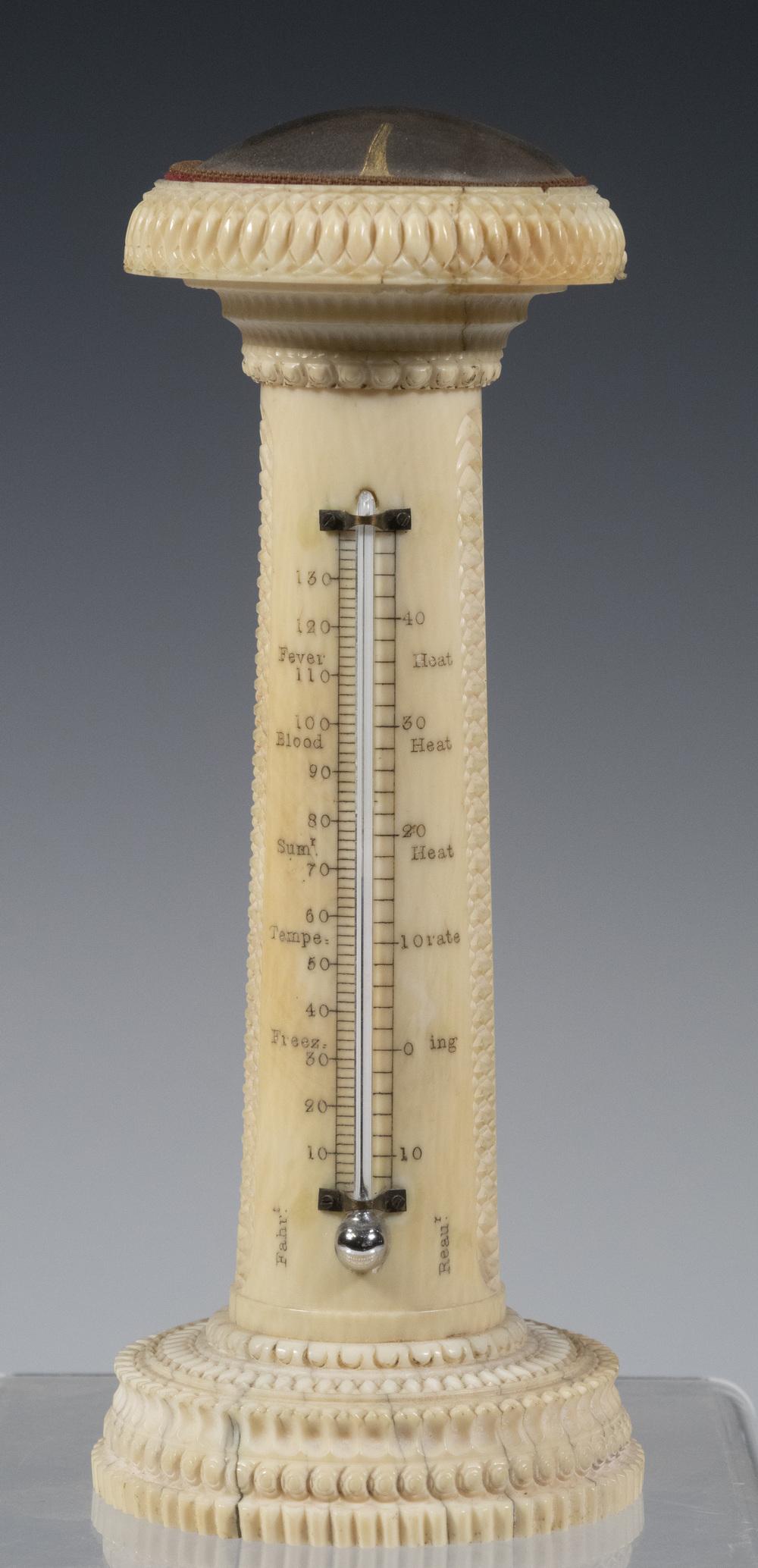 Rare 19th C. Ivory Pedestal Desk Thermometer & Compass/sundial