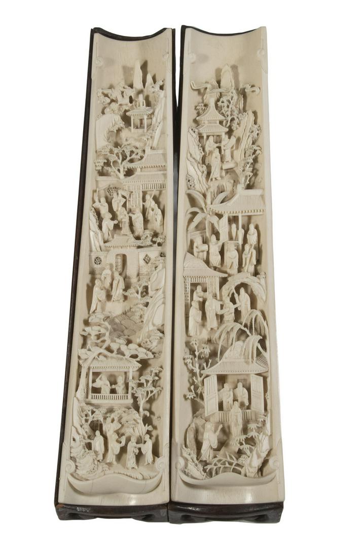 19th C. Pair Of Chinese Split Ivory Tusks With Internal Refined Relief ...