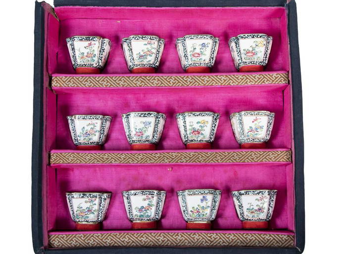 Cased Set Of (12) Chinese Enamel Tea Cups