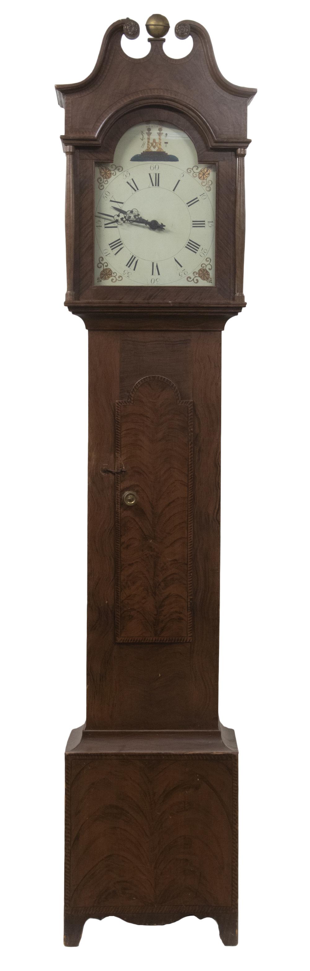 Grain Painted Masonic Dial Tall Clock, Hadley Wooden Movement Auction