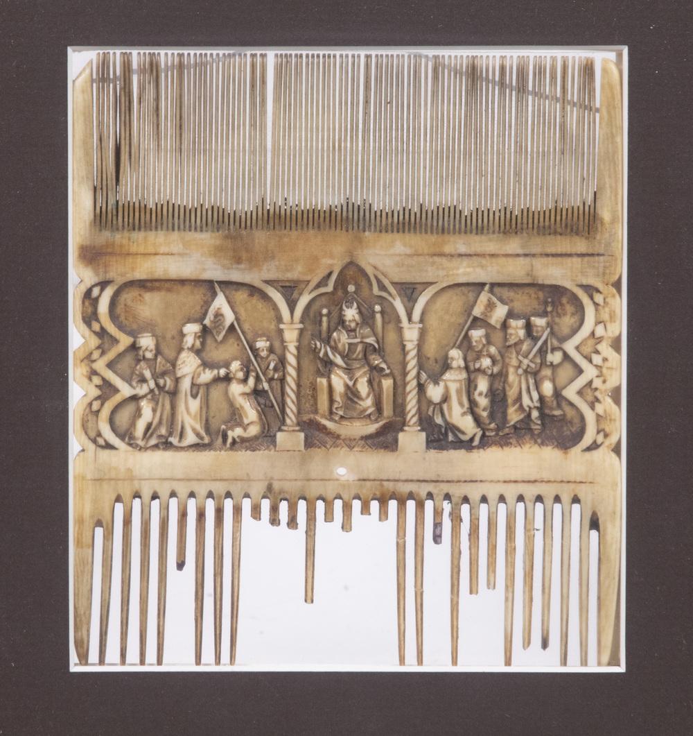 14th C. Carved Ivory Liturgical Comb, Framed Auction