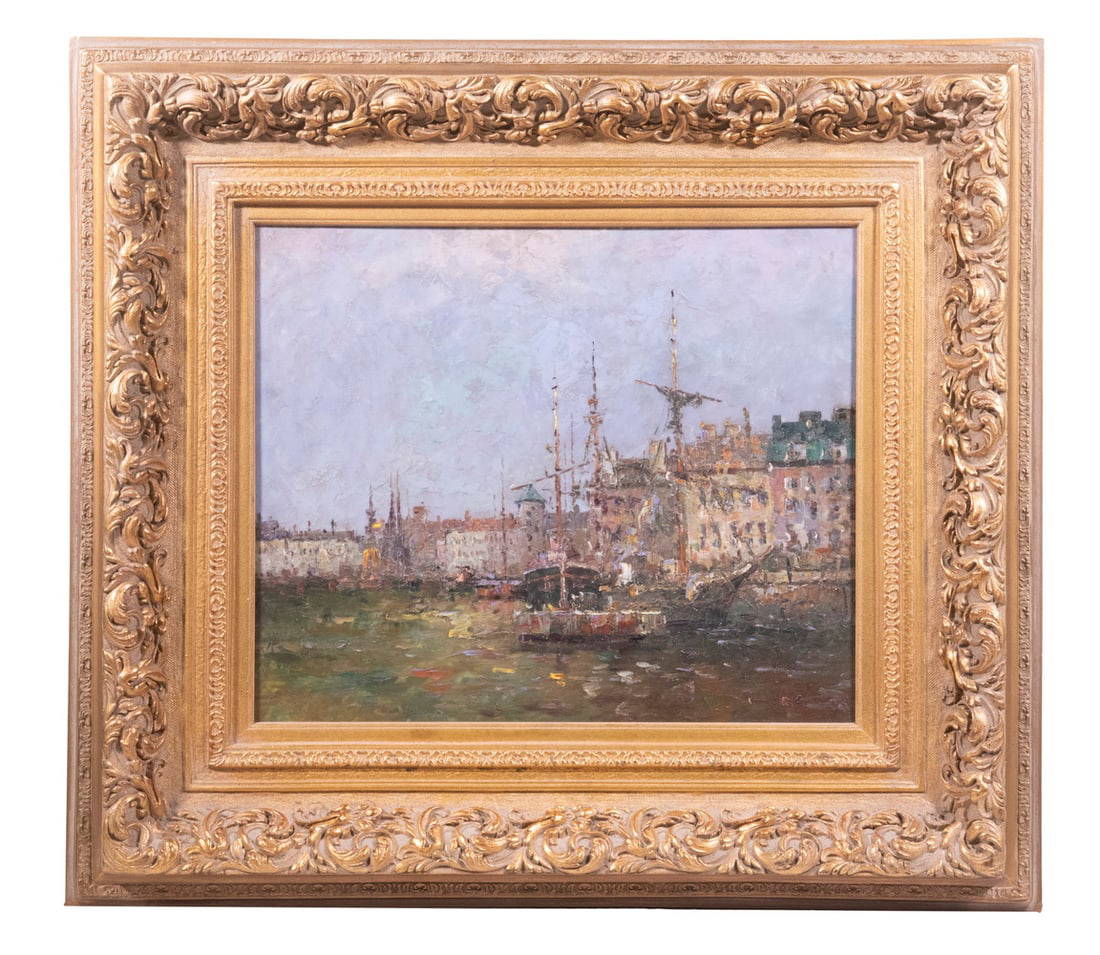Impressionist View Of A Continental Port Auction