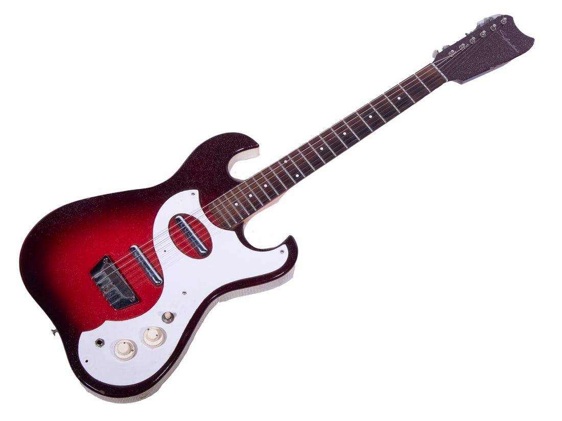 Silvertone Red & White Electric Guitar In Fibre Case Auction