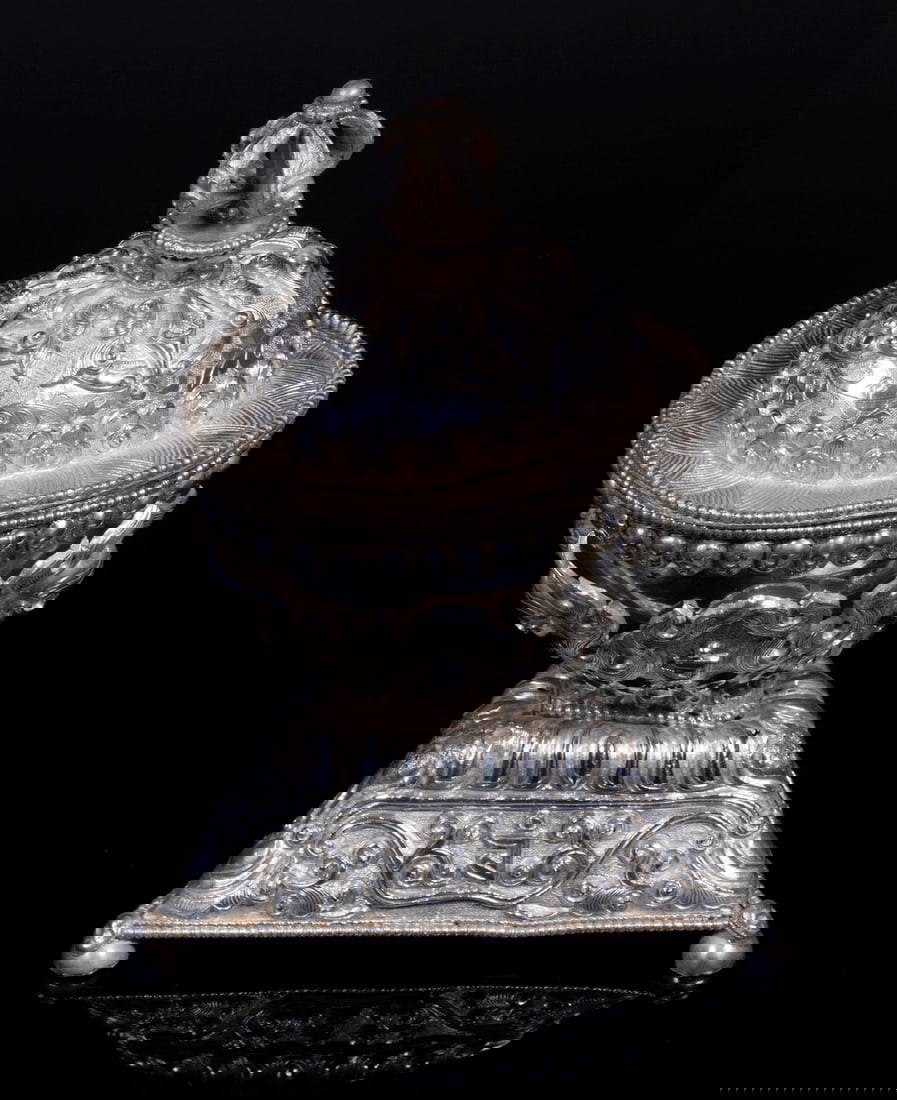 Tibetan Silver Kapala On Stand Auction