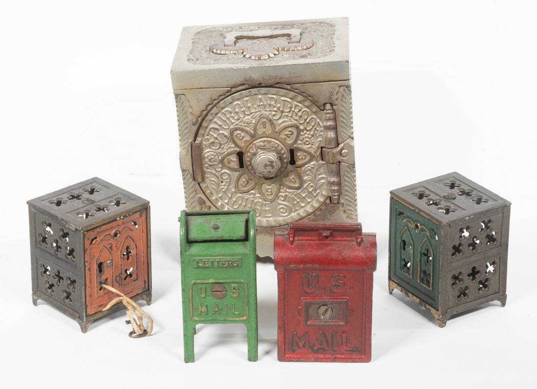 (5) Antique Cast Iron Coin Banks Auction