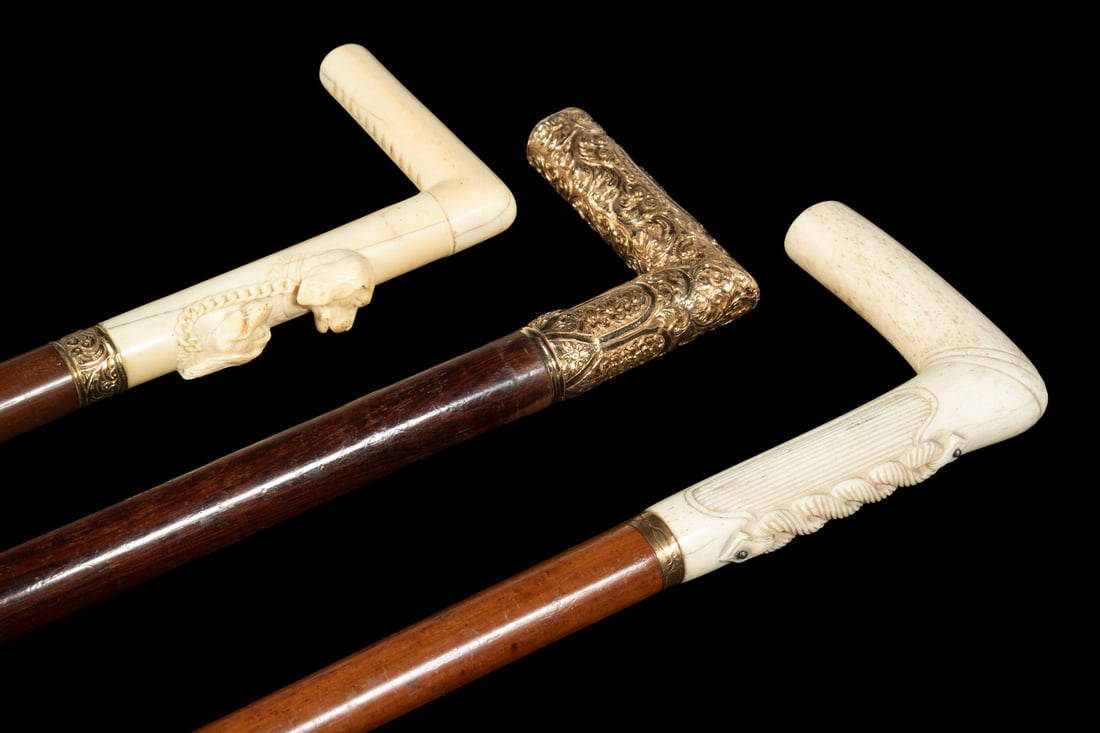 (3) Late 19th C. Walking Canes, Including Ivory, Bone, And Gilt Metal ...