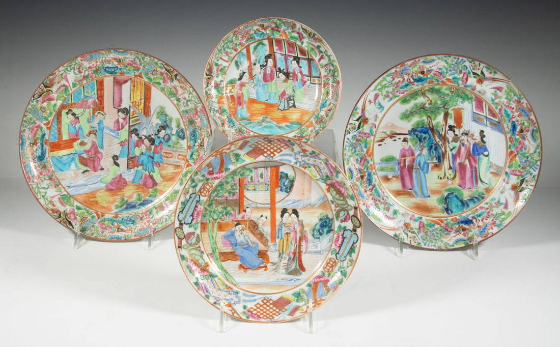 (4) Chinese Rose Mandarin Porcelain Plates, 19th Century Auction