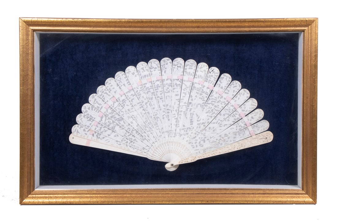 Framed Chinese Carved Ivory Fan Auction