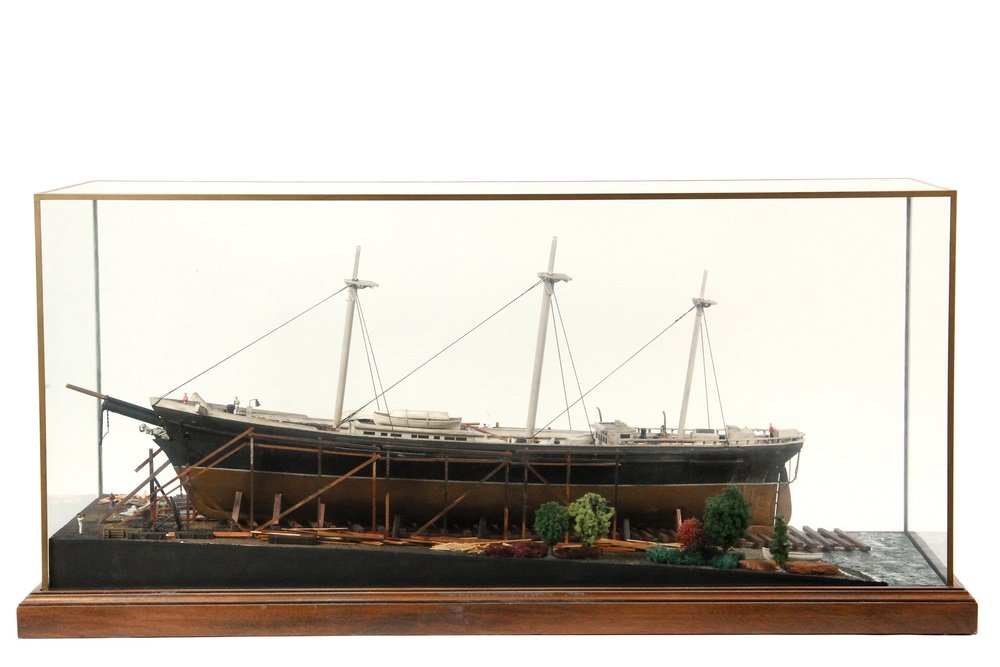 Cased Ship Model Diorama Of A Three Mast Ship Under