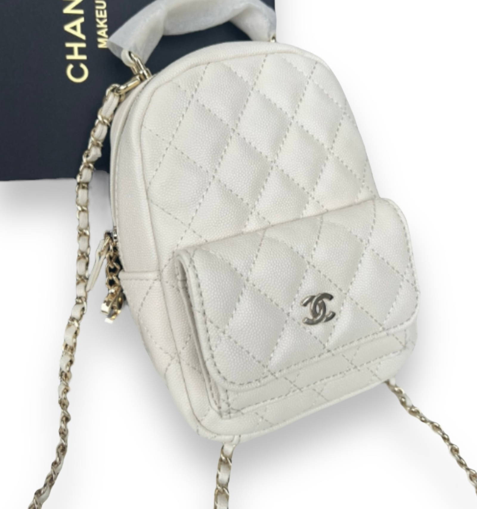 Chanel Quilted White/gold 2way Carry Beaute Mini Backpack & Original ...