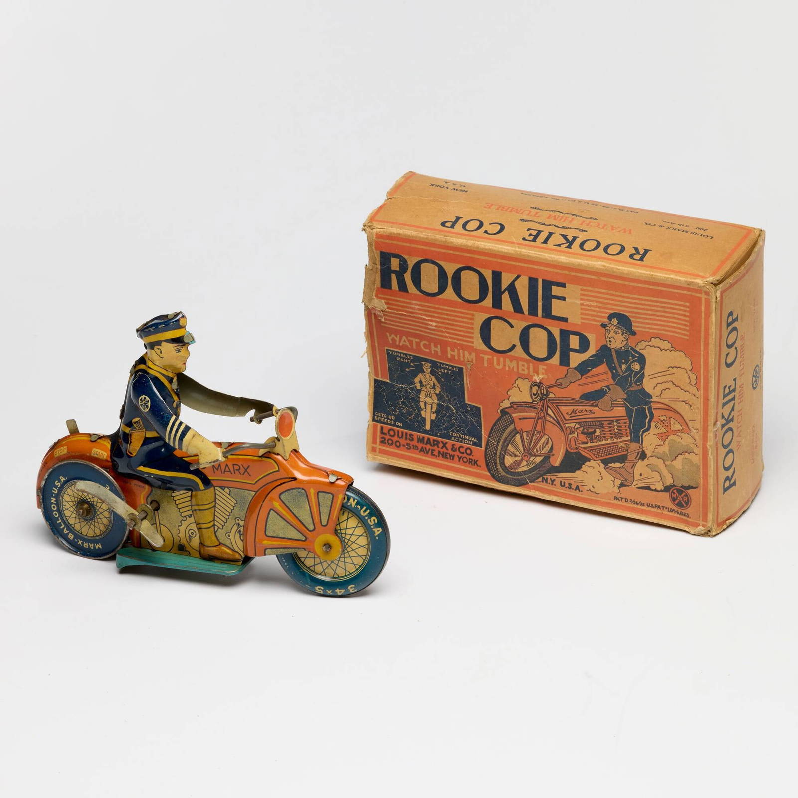 Marx Tin Wind-up Tumbling Rookie Cop Motorcycle Early Version Auction