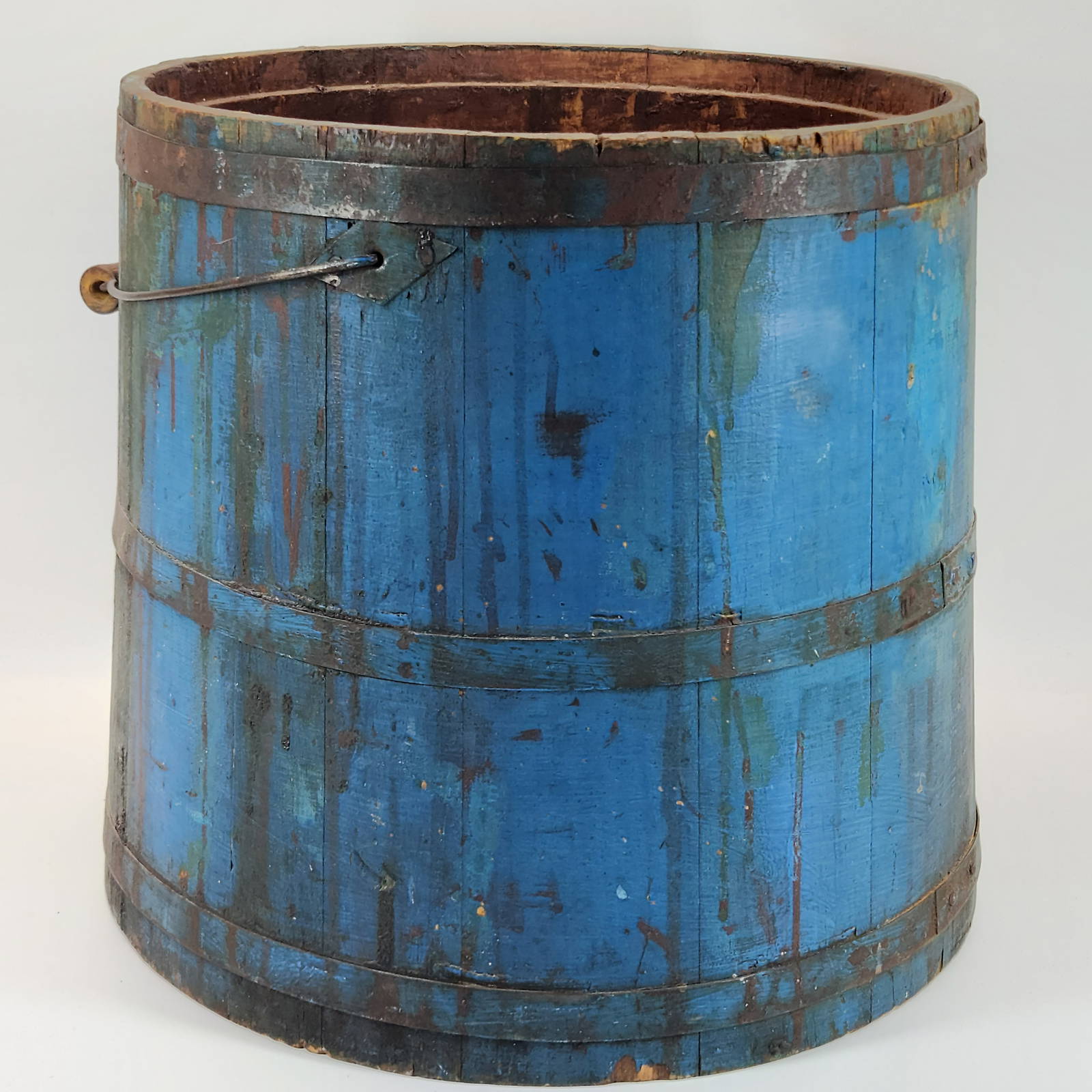 Antique Blue Paint Decorated Wood Bucket Auction