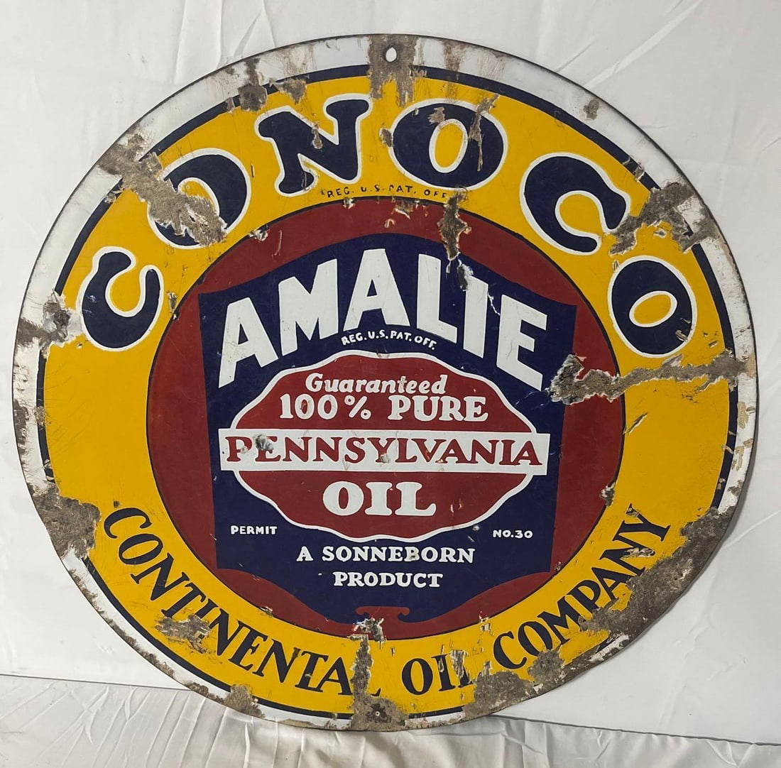 Rare 1920's Conoco Amalie Porcelain Sign Auction
