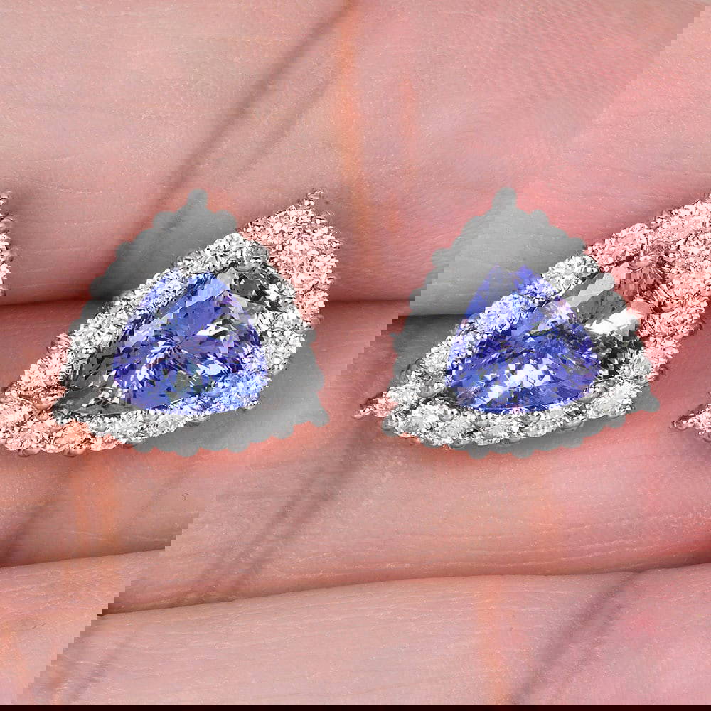 Estate Diamond 3.17ct Tanzanite 18k White Gold Triangular Halo Studs 4 ...