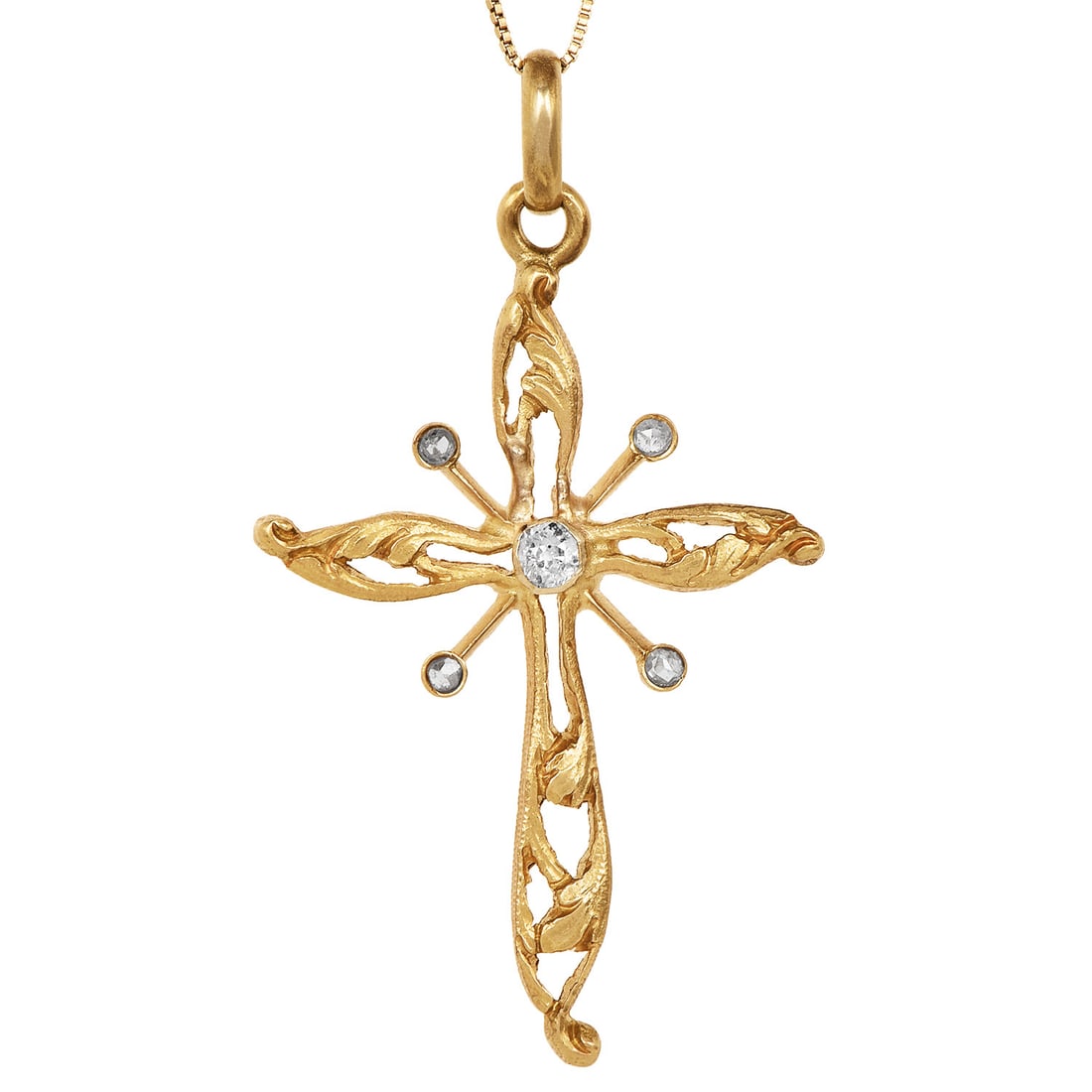 Estate Old European Diamond 17k Yellow Gold Floral Cross Pendant 5 ...