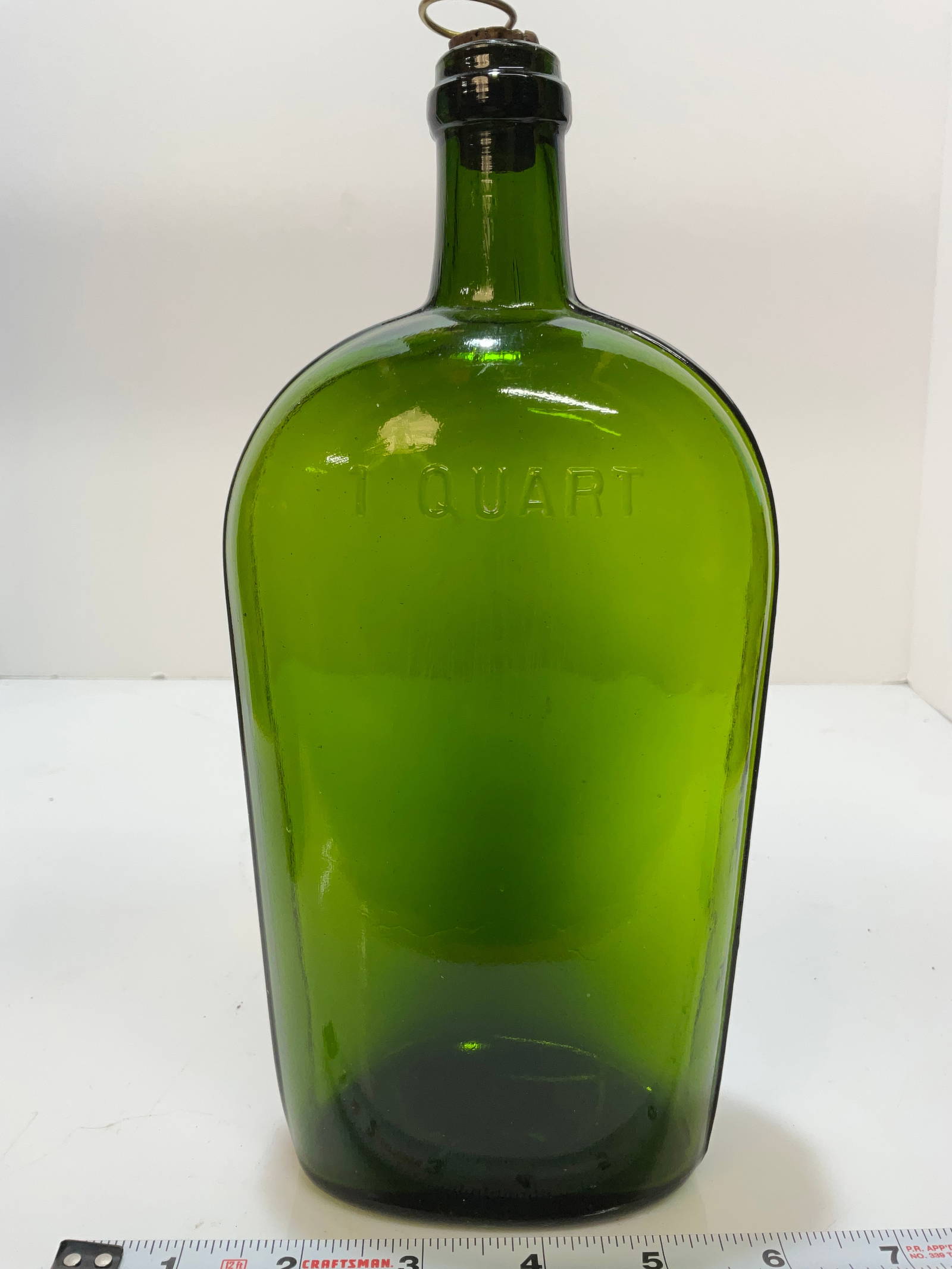 Deep Green Strap Sided Quart Flask, With Tooled Lip, Embossed With "1 Quart" On Upper Front ...