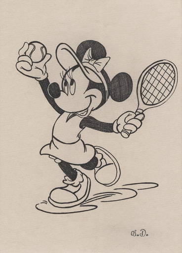 Walt Disney Minnie Mouse Playing Tennis Pen & Ink Drawing On Paper