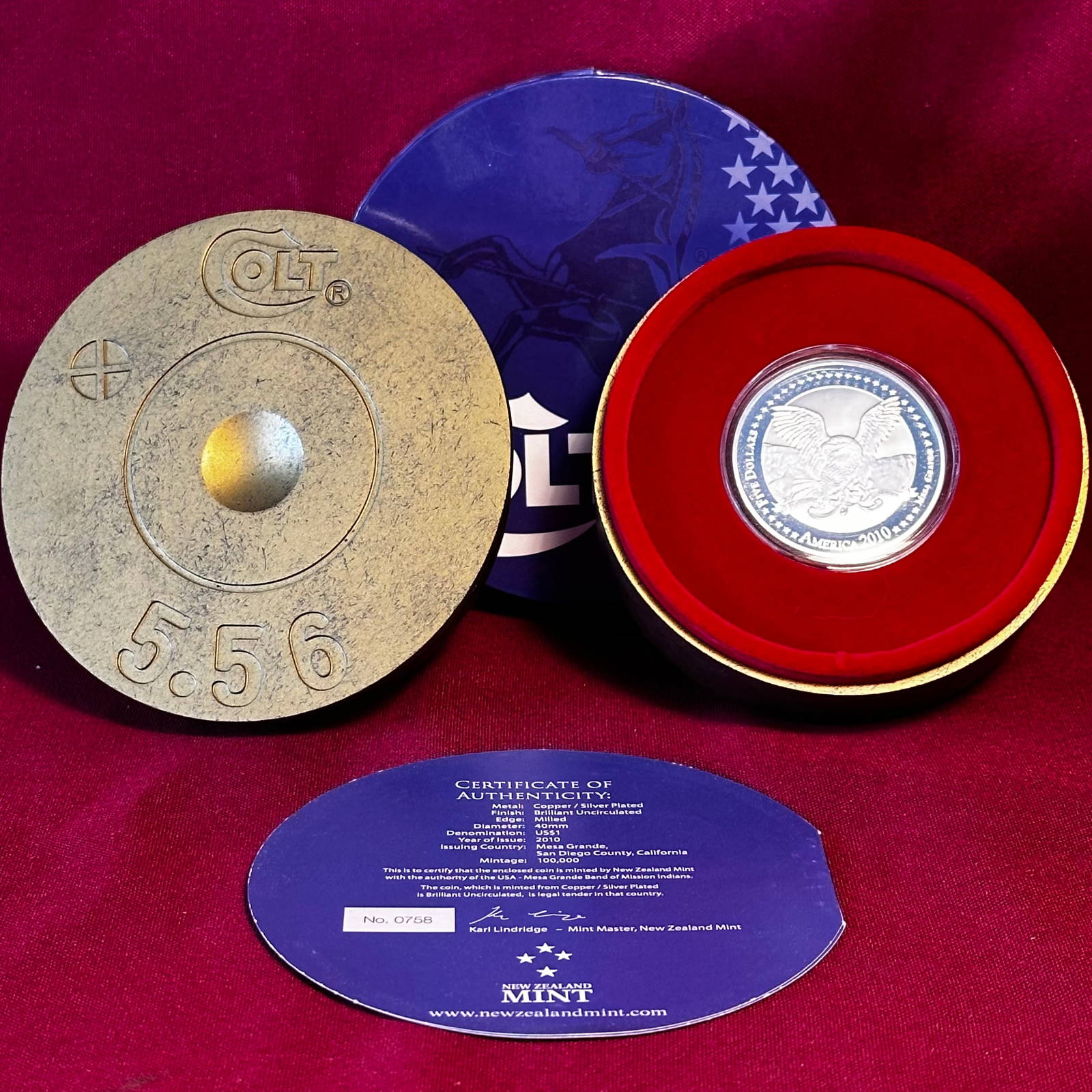 2010 Colt Gun $5 Coin In Box With Coa No.0758 Auction